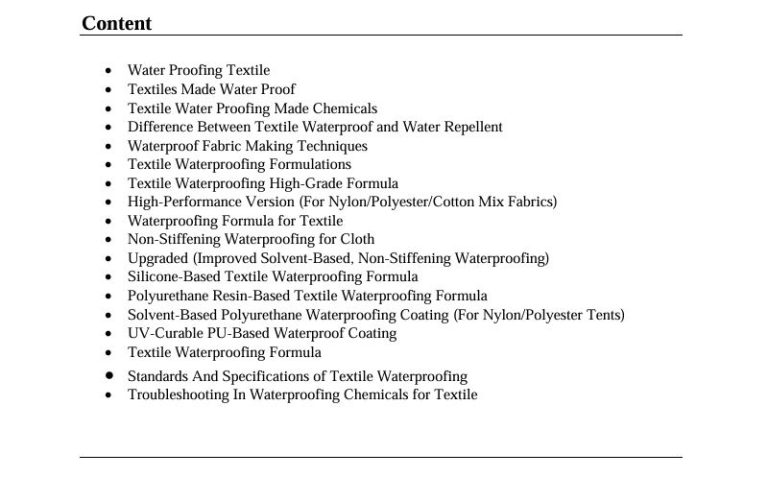 Textile Waterproofing Formulation - At - 1 Chemical Formula Services